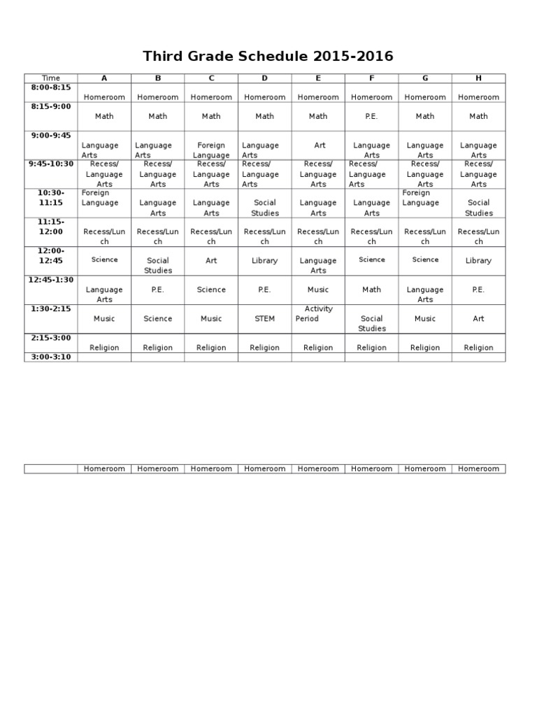 Third Grade Class Schedule 2015-2016 | PDF | Foreign Language Studies | Art