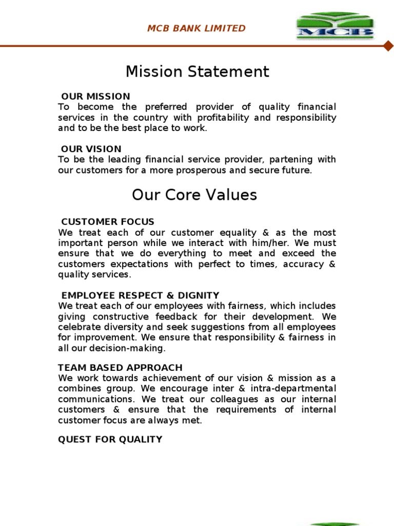 MCB Bank Mission, Vision, and Values | PDF | Community | Employment