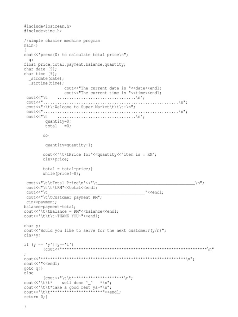 cashier program C++