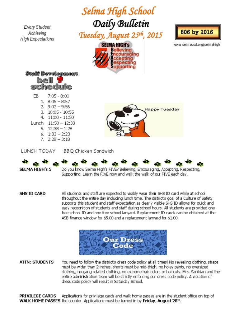SHS Daily Bulletin 8-25-15 | PDF | Sat | Clothing