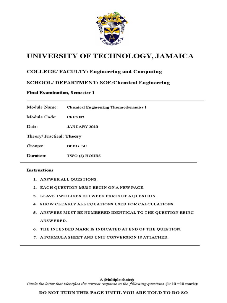 Chemical Engineering Thermodynamics Final Examination | PDF | Heat ...