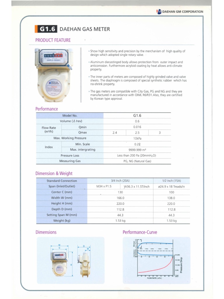 Gas Meter Daehan G1.6 | PDF