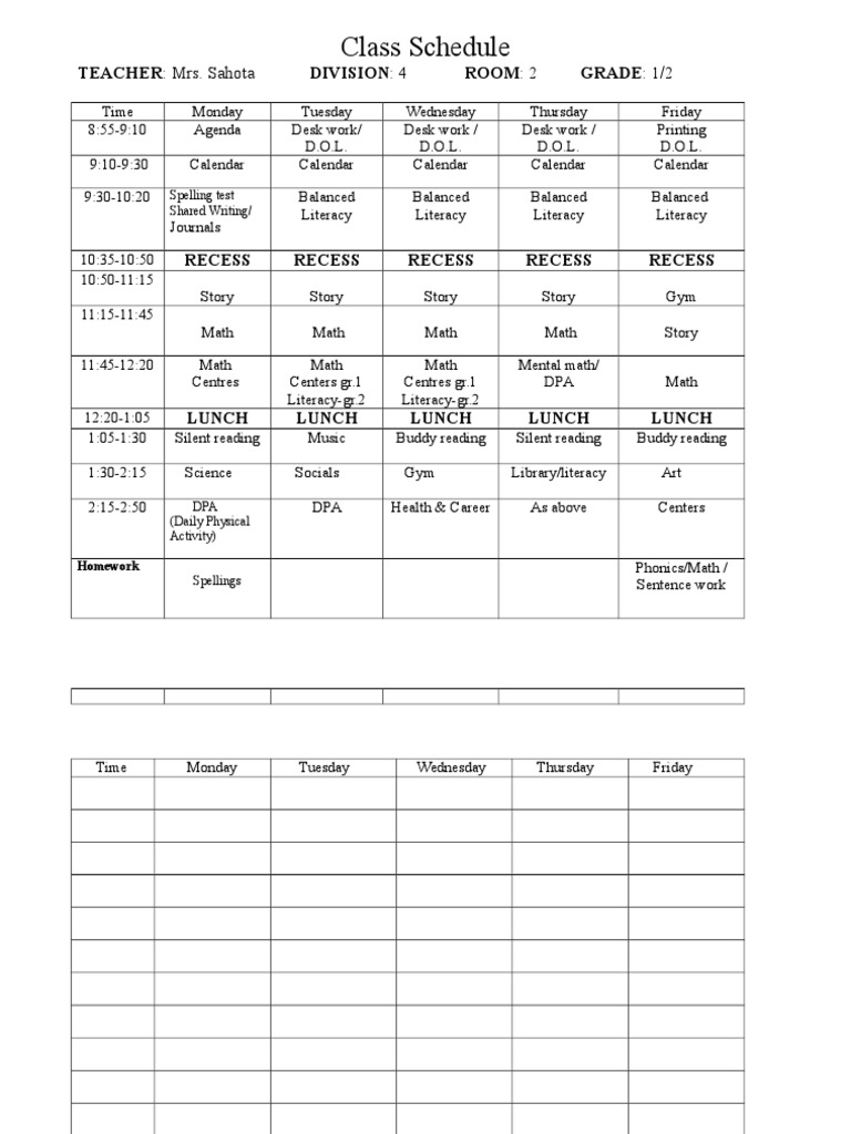 Class Schedule: TEACHER: Mrs. Sahota Division: 4 Room: 2 GRADE: 1/2 | PDF
