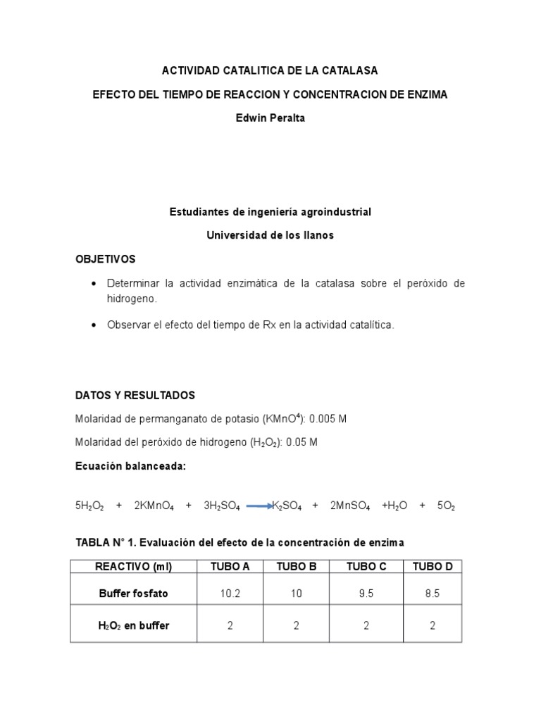 Actividad Catalitica de La Catalasa 1 | Enzima | La cinética de enzimas ...