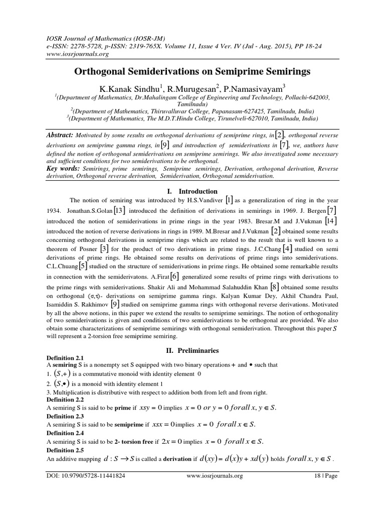 Orthogonal Semiderivations On Semiprime Semirings | PDF | Universal ...