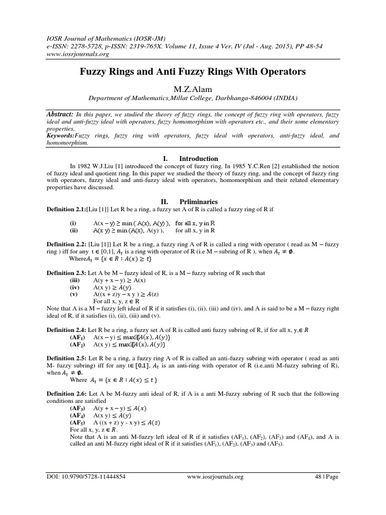 Fuzzy Rings and Anti Fuzzy Rings With Operators | PDF | Ring ...