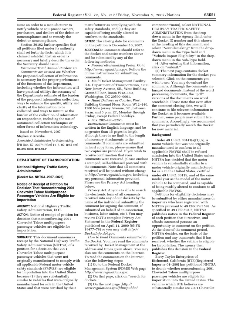Notice: Motor Vehicle Safety Standards: Nonconforming Vehicles ...