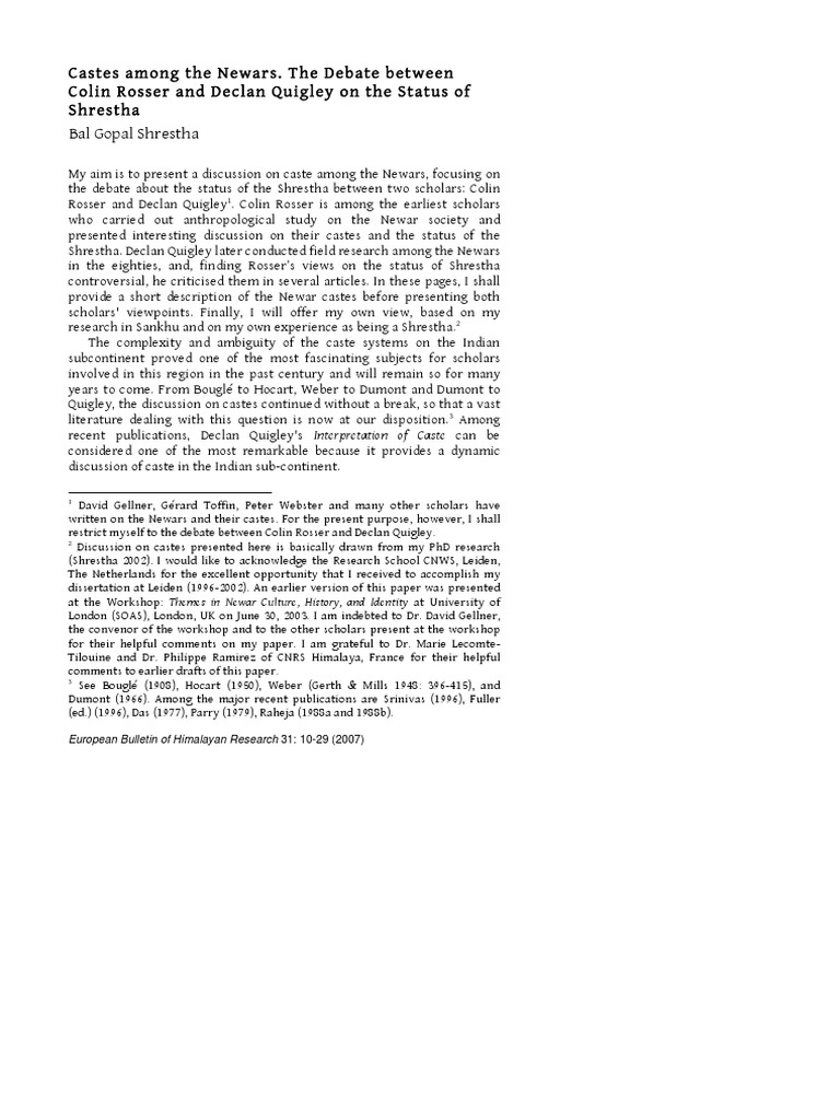 Newar Caste Debate: Rosser vs Quigley | PDF | Nepal | Religion And Belief