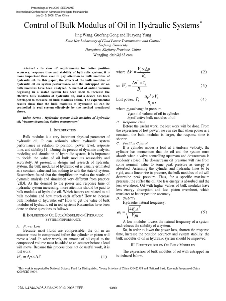 Control of Bulk Modulus of Oil in Hydraulic Systems | PDF | Vacuum ...