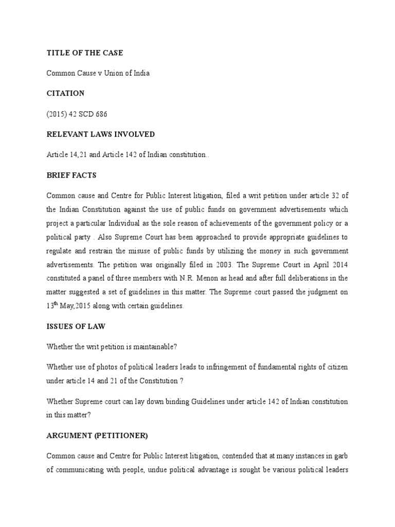 Common Cause V Union of India | PDF | Supreme Court Of India | Lawsuit
