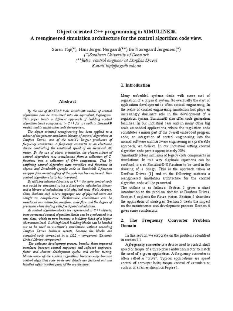 Object Oriented C++ Programming in SIMULINK - A Reengineered Simulation Architecture For The ...