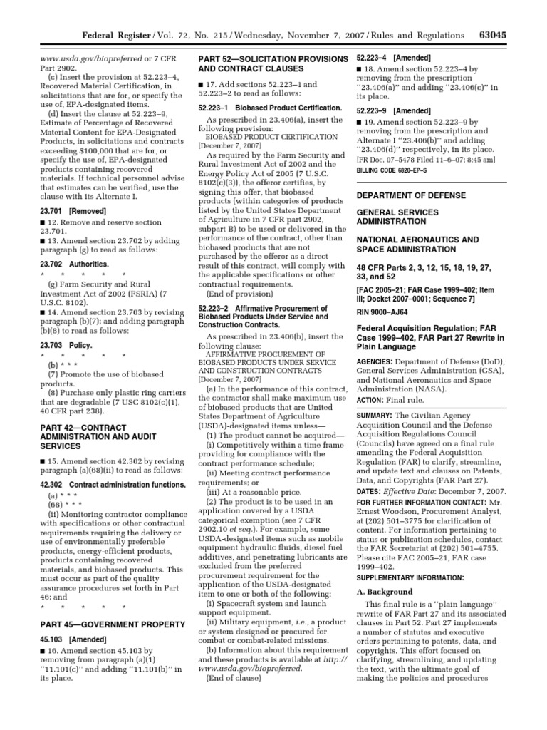 Rule: Federal Acquisition Regulation (FAR) : Part 27 Rewrite in Plain ...