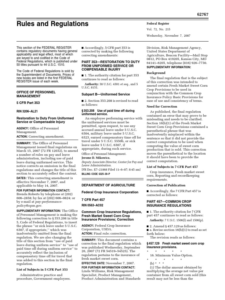 Rule: Crops Insurance Regulations: Fresh Market Sweet Corn Crop ...