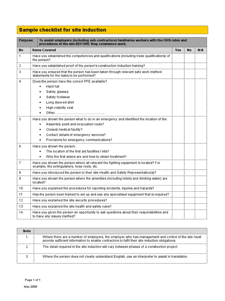 Sample Site Induction Checklist | PDF