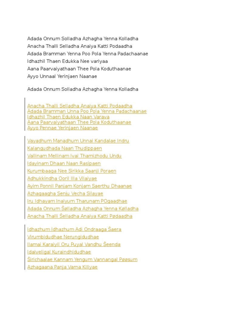 Adada Onnum Solladha Azhagha Yenna Kolladha SONG LYRICS | PDF