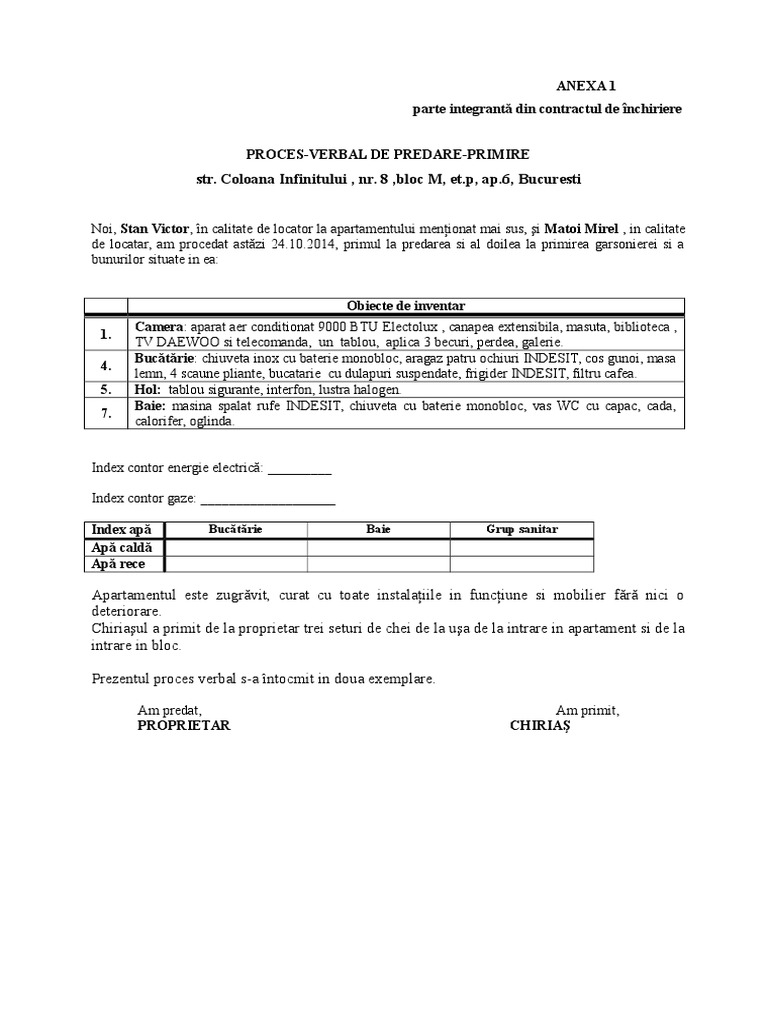 Proces Verbal de Predare Primire Apartament | PDF