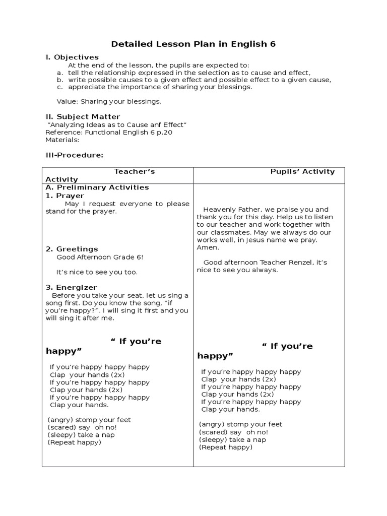 Detailed Lesson Plan in English 6 Causeeffect | PDF | Causality | Prayer