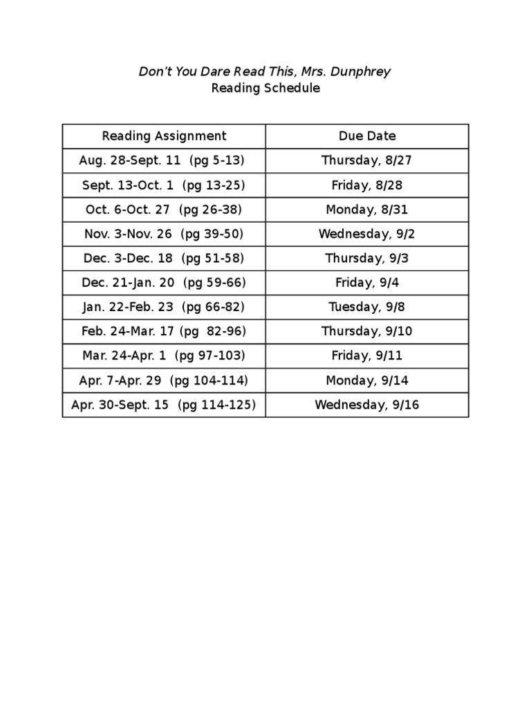 Mrs. Dunphrey Reading Schedule | PDF