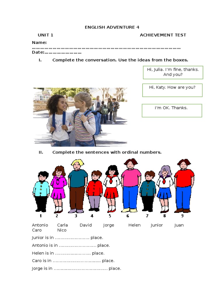 English Adventure 4 Unit 1 Test | PDF
