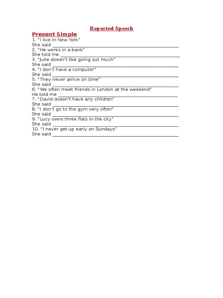 Present Simple Reported Speech Exercises | PDF