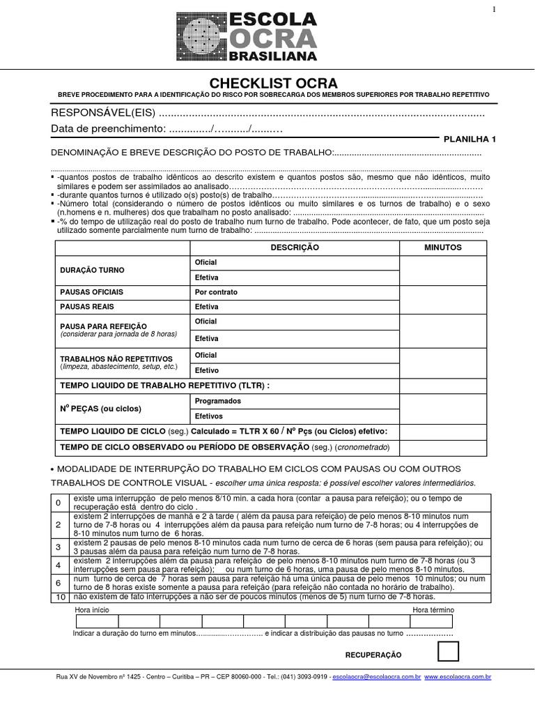 Checklist OCRA para identificação do risco de sobrecarga dos membros ...