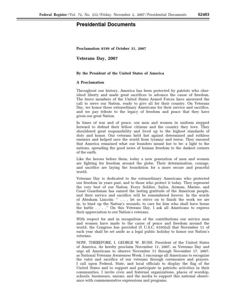 Proclamation: Special Observances: Veterans Day (Proc. 8199) | PDF ...