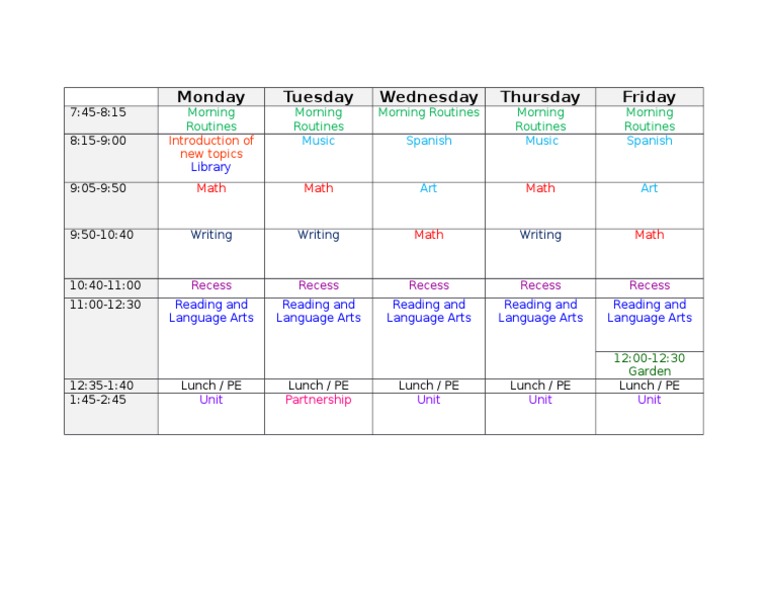 Weekly Class Schedule Overview | PDF