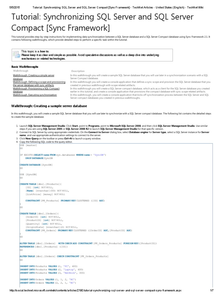 Tutorial - Synchronizing SQL Server and SQL Server Compact (Sync Framework) PDF | PDF ...