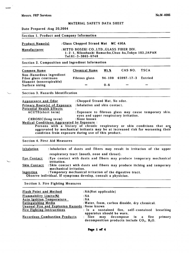 02 Msds Nittobo Csm 450 | Fiberglass | Materials