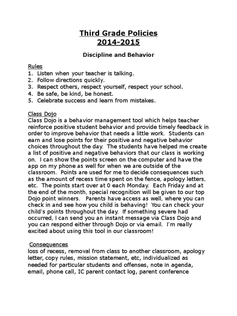 Third Grade Policies | PDF | Homework | Cognition
