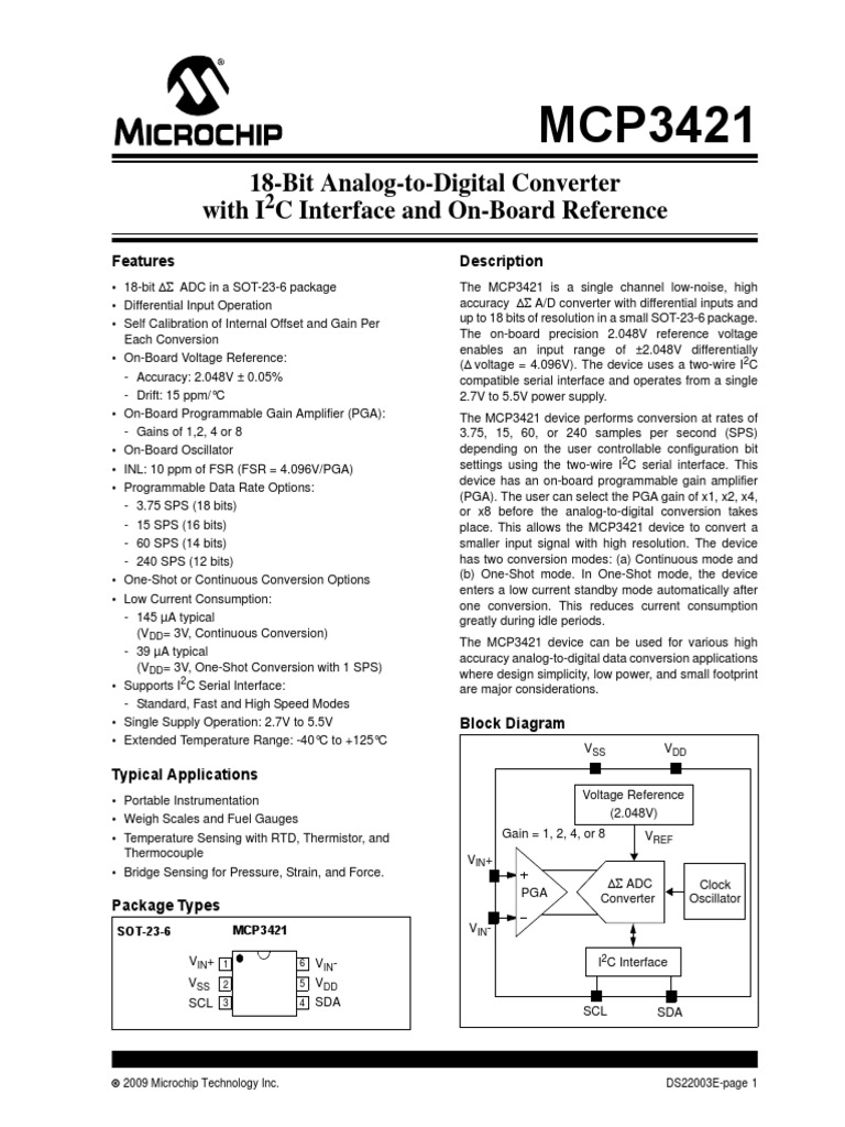 MCP3421 Datasheet | Analog To Digital Converter | Electronic Filter