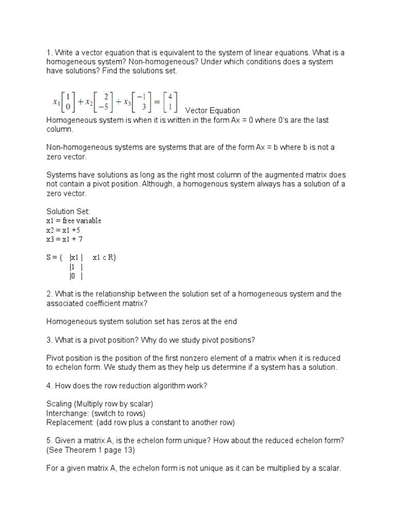 Linear Algebra Test 1 Review | PDF | System Of Linear Equations ...
