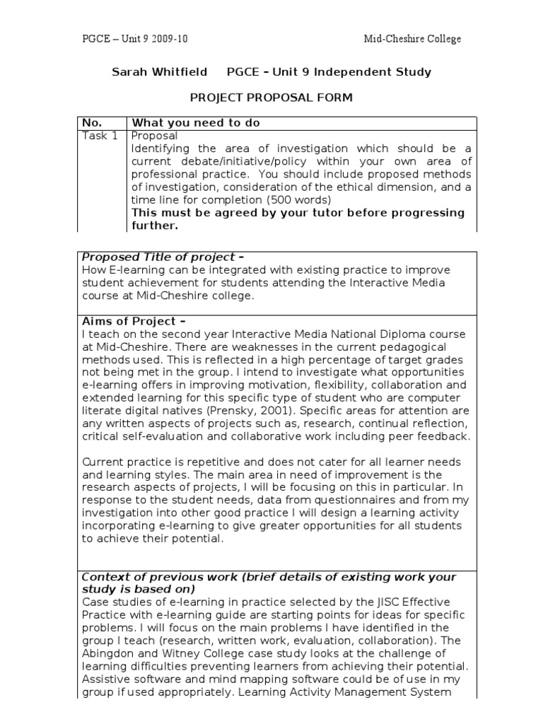 Sarah Whitfield PGCE - Unit 9 Independent Study Project Proposal Form ...