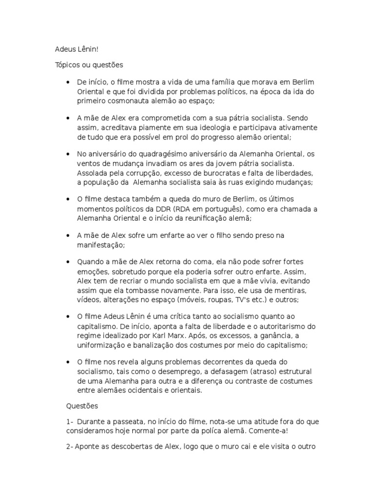 Trabalho Filme Adeus Lênin | PDF | Muro de Berlim | Alemanha