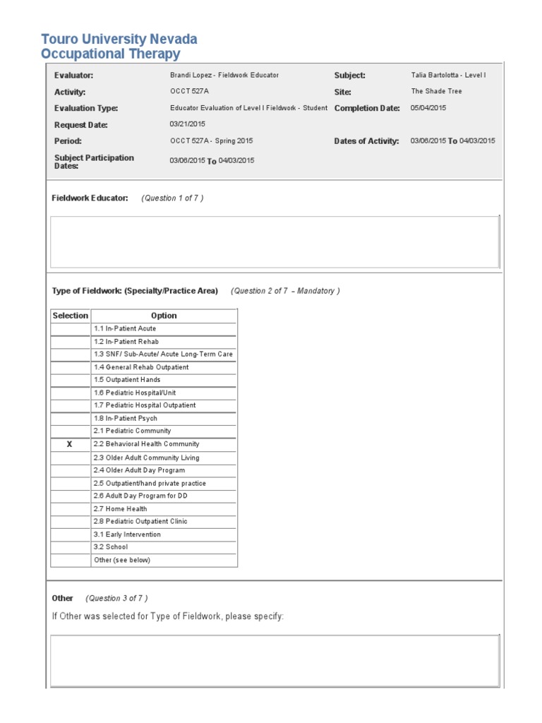 Level I Fieldwork Evaluation Report | PDF | Occupational Therapy | Patient