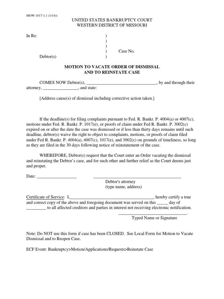 Motion To Vacate Order of Dismissal and To Reinstate Case | PDF