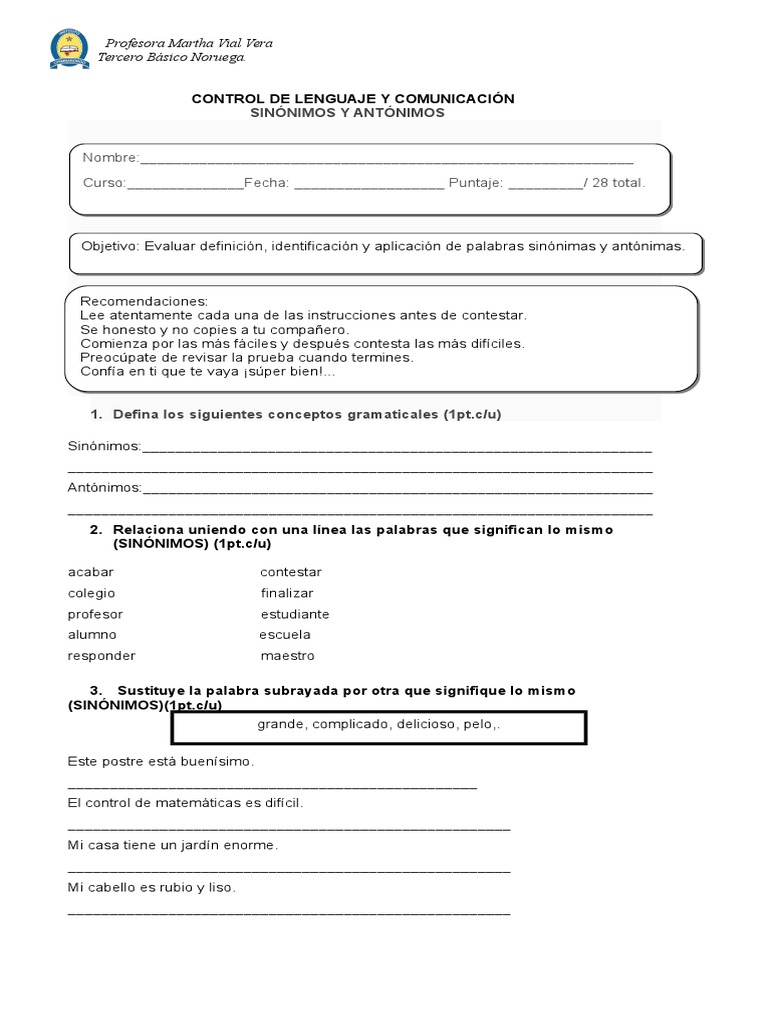 Prueba de Sinónimos y Antónimos