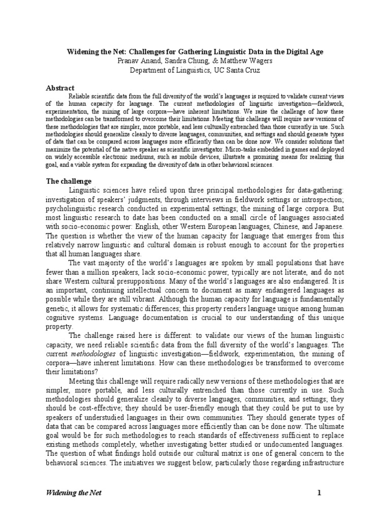 Widening The Net: Challenges For Gathering Linguistic Data in The ...