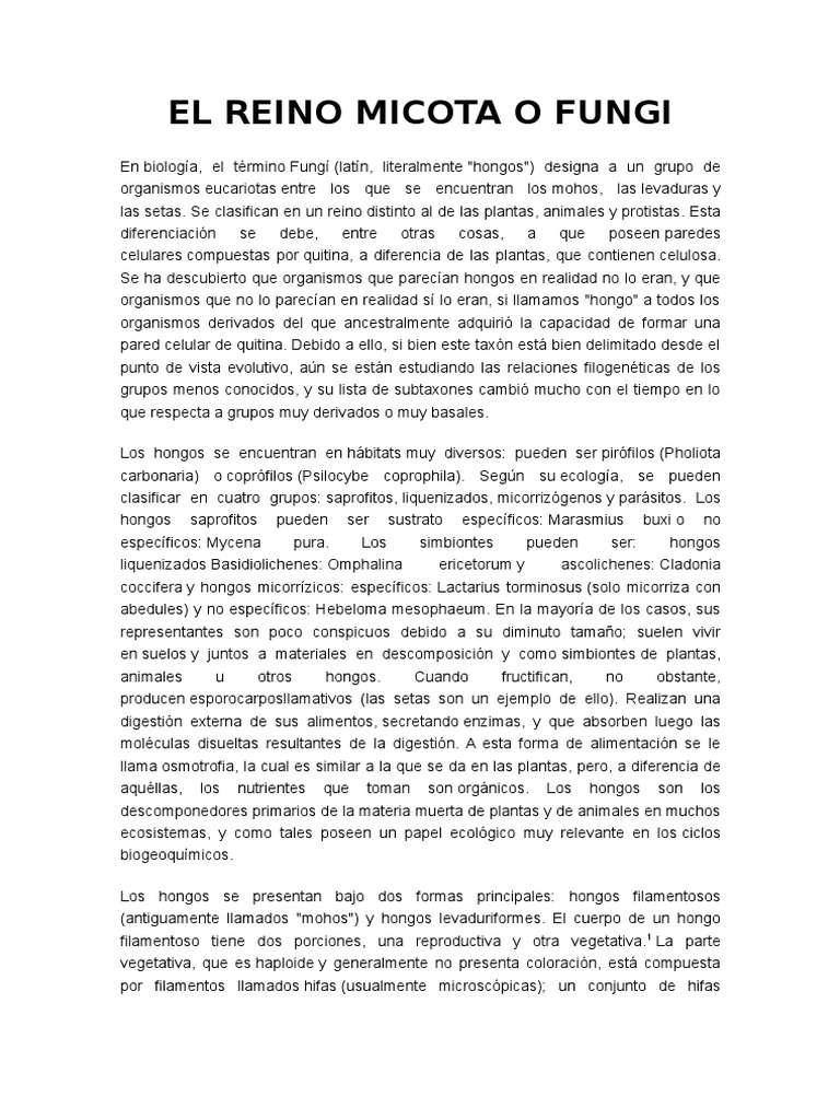 El Reino Micota o Fungi | Descargar gratis PDF | Hongo | Espora
