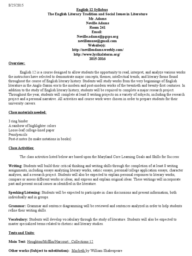 English 12 Syllabus | PDF | Essays | Communication