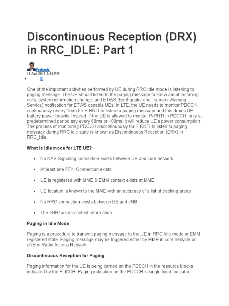 Discontinuous Reception (DRX) in RRC - IDLE: Part 1: What Is Idle Mode For LTE UE? | PDF ...