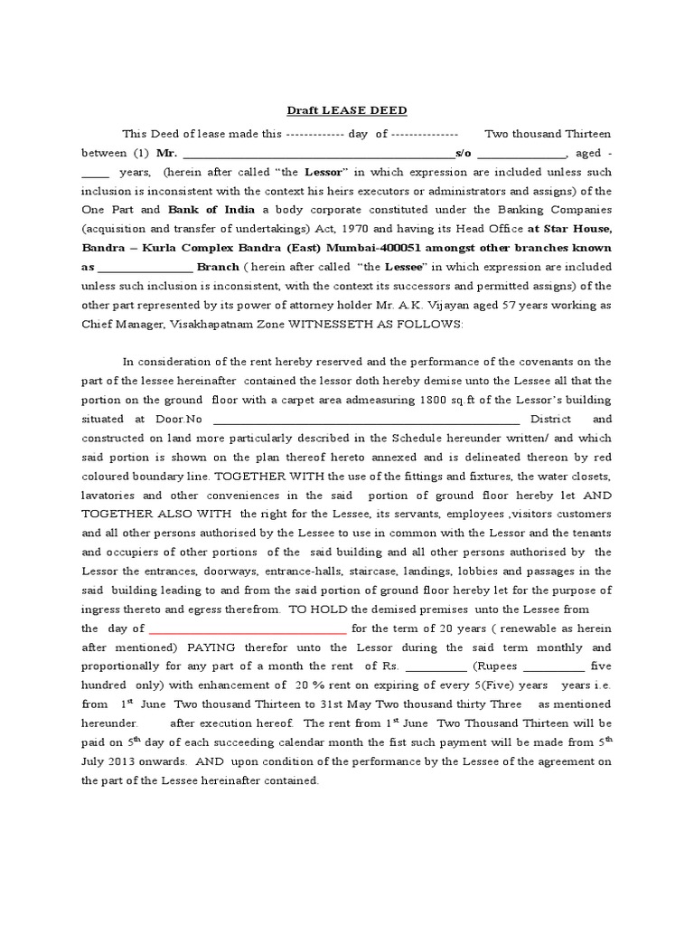Sample Draft Bank Lease Deed | Lease | Common Law