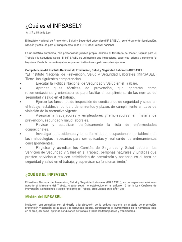 Qué Es El Inpsasel | PDF | Derecho laboral | Seguridad y salud ocupacional