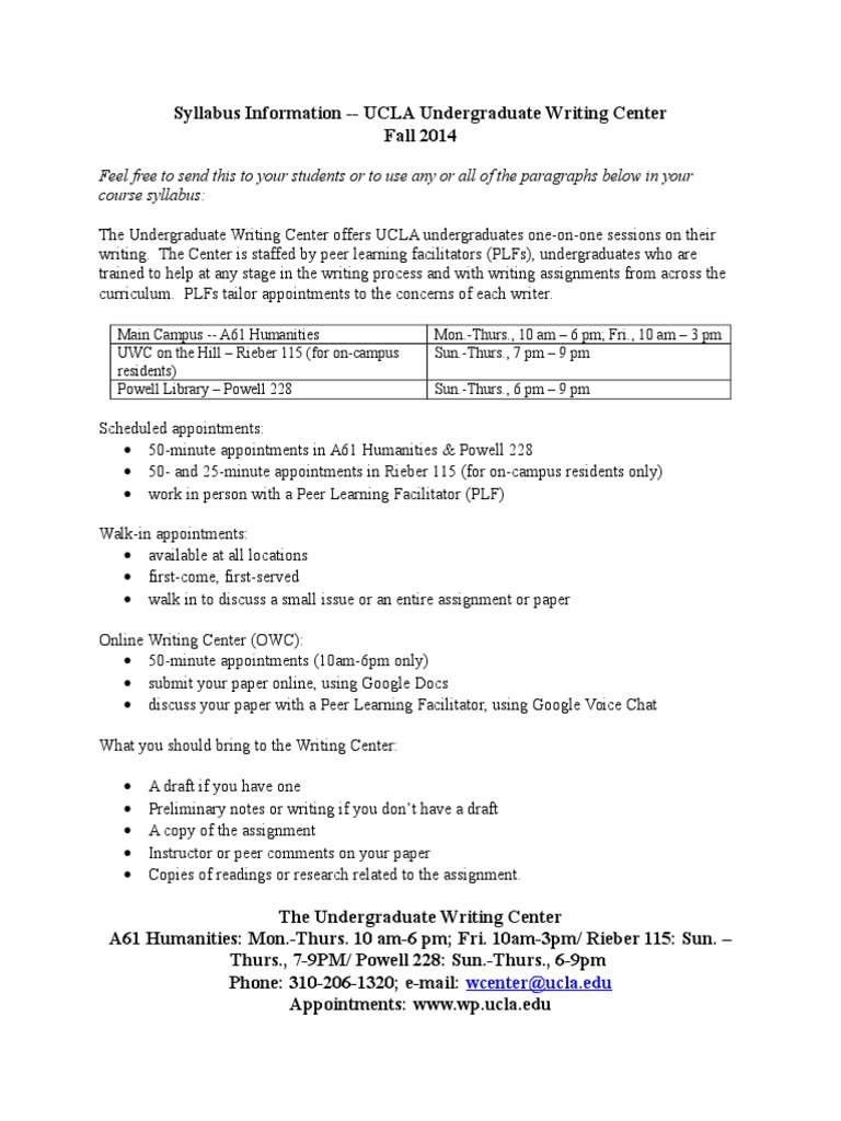 Undergraduate Writing Center Information | PDF | Language Arts & Discipline