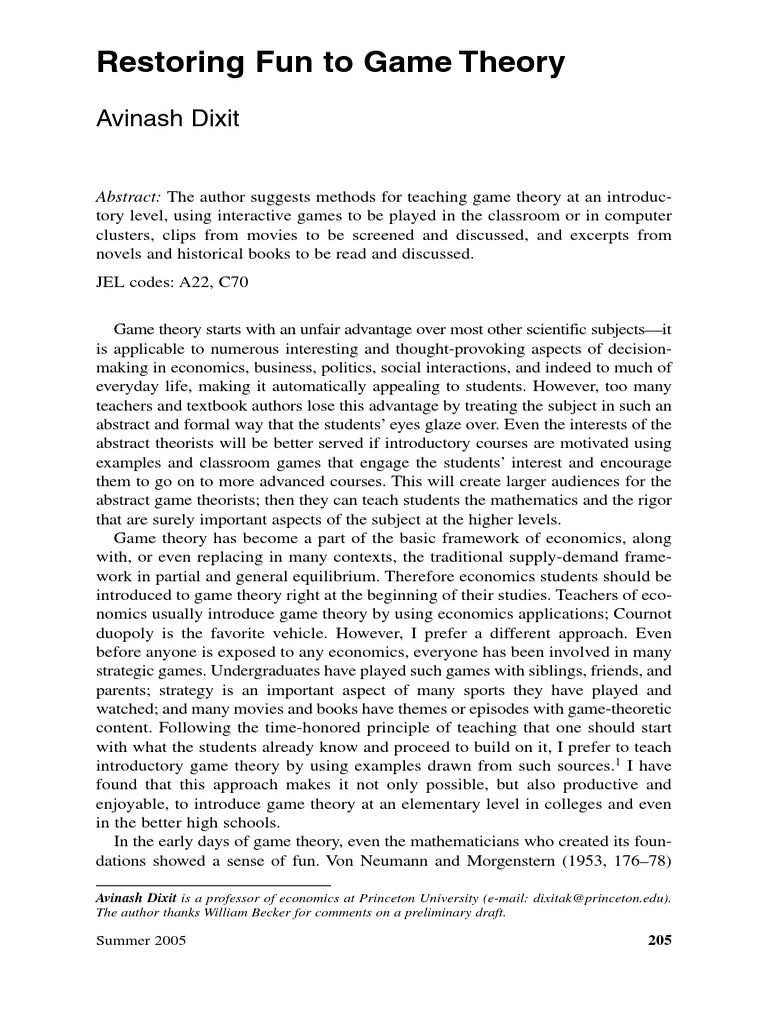 Game Theory For The Classroom | Download Free PDF | Game Theory | Economics