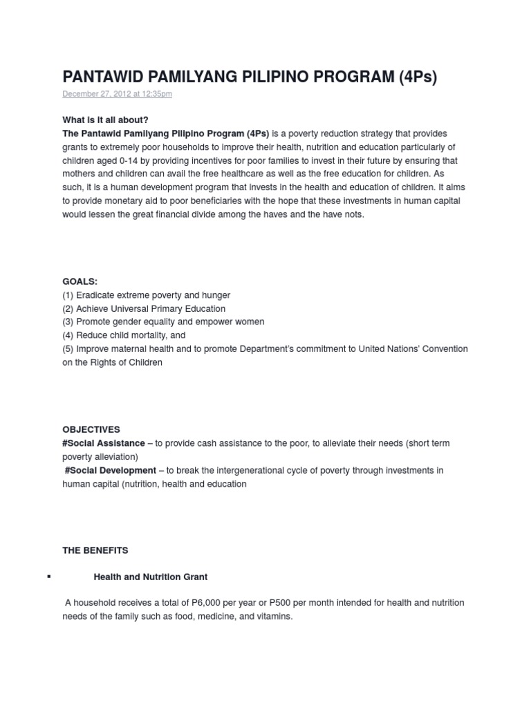 Pantawid Pamilyang Pilipino Program | PDF | Poverty | Poverty ...