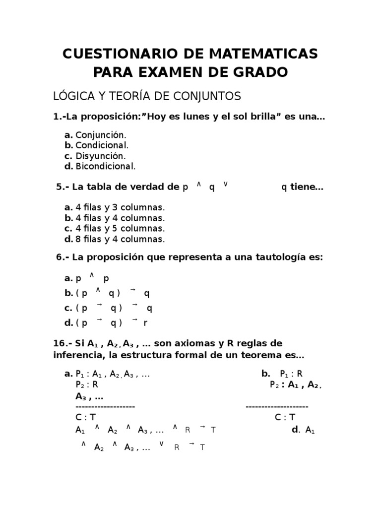 Cuestionario de Matematicas para Examen de Grado | Objetos matemáticos | Enseñanza de matemática