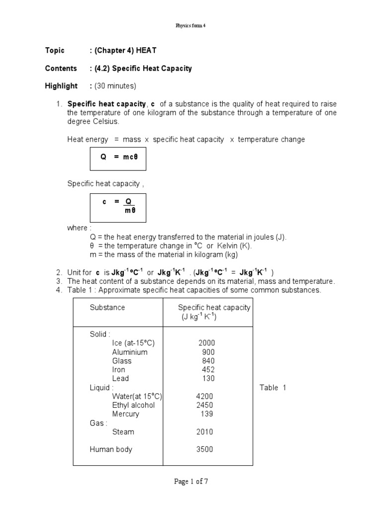Topic: (Chapter 4) HEAT: (4.2) Specific Heat Capacity Highlight: (30 ...