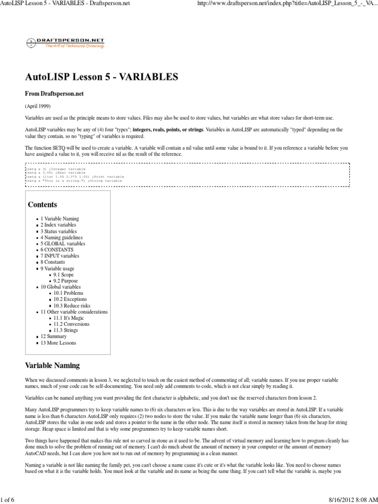 AutoLISP Lesson 5 - VARIABLES - Draftsperson | PDF | Variable (Computer Science) | Scope ...