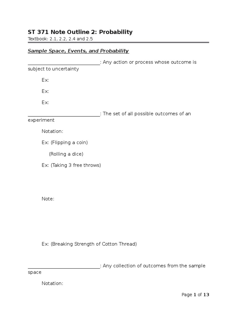 ST 371 Note Outline 2: Probability: Sample Space, Events, and ...